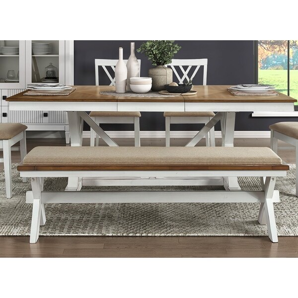 Modern White and Oak Finish 60 Inch Bedroom Bench Textured Fabric Upholstered Seat with Traditional Wooden Frame Wood