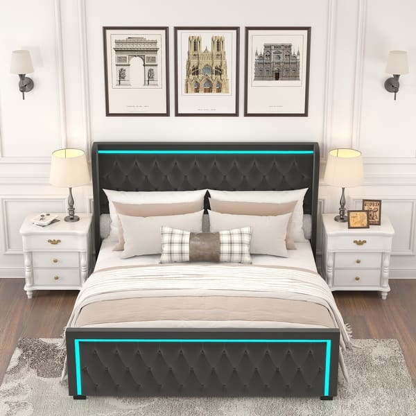Velvet Upholstered Bed w/ Adjustable LED Light Decorative Headboard ...