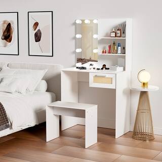 Vanity Desk Set Stool & Dressing Table with LED Lighting Mirror Drawer ...