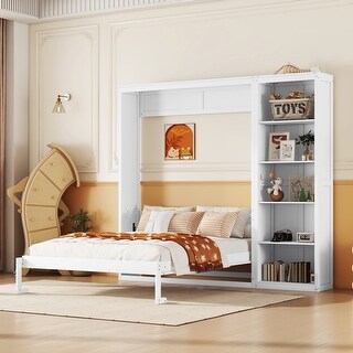 Full Size Murphy Bed with Shelves, Space-Saving Wall Bed, Multi-Function Cabinet, Flexible Slats ...