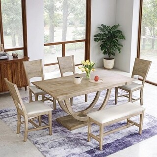 6-Piece Wood Half Round Dining Table Set with Long Bench and 4 Dining ...