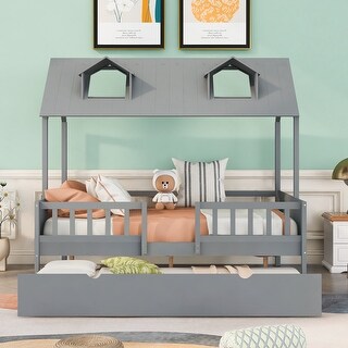 Full Size Wood Playhouse Bed House Bed with Twin Size Trundle and Roof ...