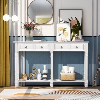 Console Table with Round Knob Drawers and Bottom Shelf, White - Bed ...