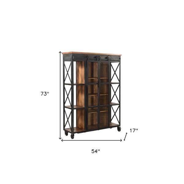 73" Brown Metal and Solid Wood Six Tier Bookcase with Two doors - Bed ...