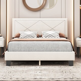 Modern velvet platform bed with headboard, frame with rivets design ...