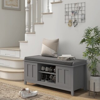 Gray Shoe Bench with Sliding Doors, Padded Seat, Shelves, 6 ...