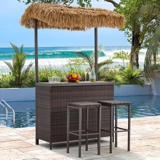 3-Piece Outdoor Tiki Bar Set with Wicker Patio Bar, 2 Stools, Storage ...
