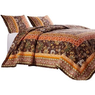3 Piece King Quilt Set, Bohemian, Jacobean Floral Print, Brown, Orange ...