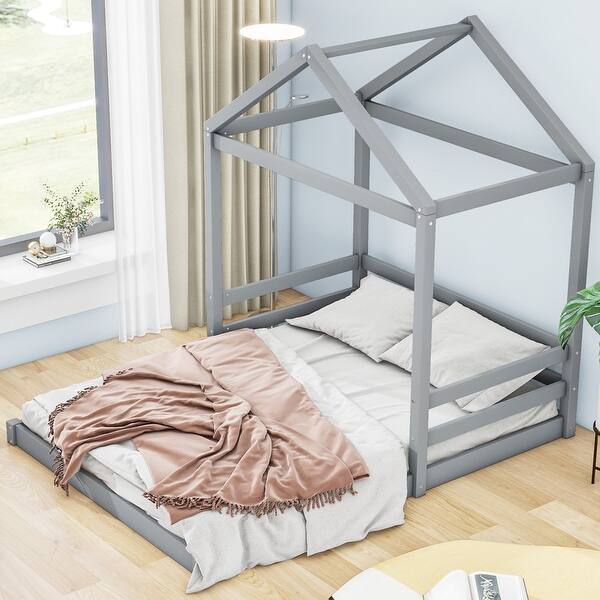 Grey Wood Full Size House Bed with Guardrail and House-shaped Frame ...