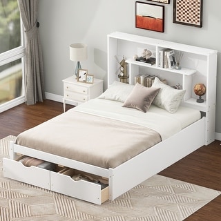 White Full Platform Bed with Storage Headboard & Drawers - Bed Bath ...