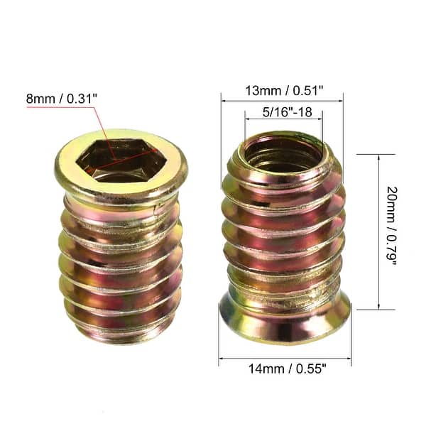 5/16"-18x20mm Threaded Insert Nuts Hex Socket Drive for Wood Furniture ...