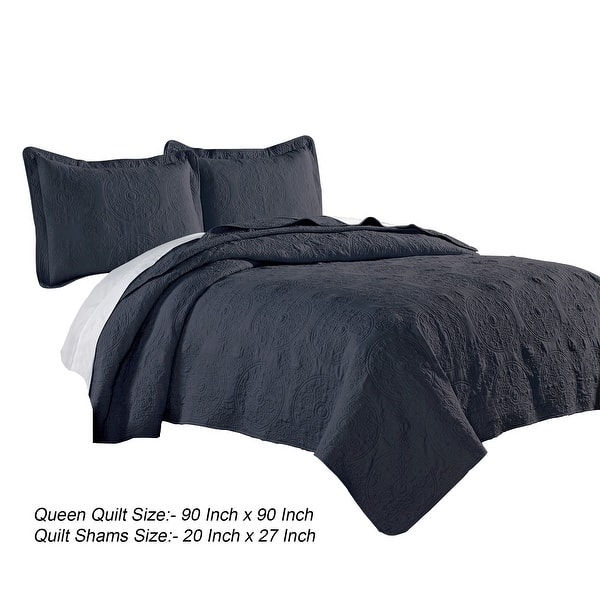 Ada 3 Piece Microfiber Full Size Quilt Set, Mandala Embroidery, Indigo ...