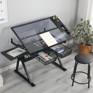 38.5 in. Rectangular Black Tempered Glass Adjustable Drafting Table Drawing Desk with 2 Drawer and Chair Bed Bath Beyond 40186422