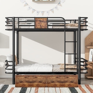 Metal Bunk Bed with MDF Board Guardrail and 2 Storage Drawers - Bed ...