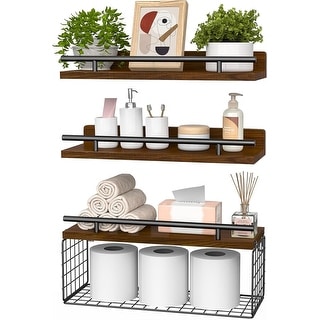 3-Tier Floating Shelves with Storage Basket with 3 Metal Guardrails ...