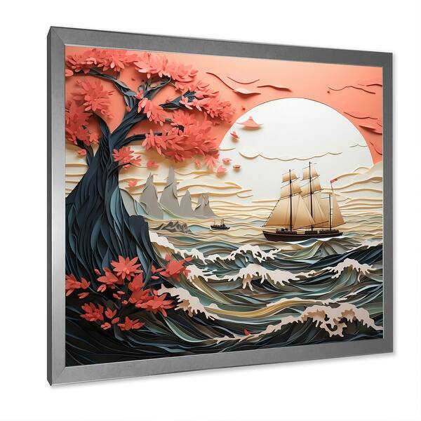 Designart "Japon Coral Waves Papercut III" Japanese Framed Wall Art ...