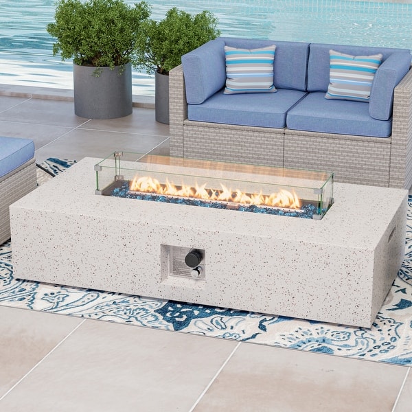 COSIEST Outdoor Rectangle Fire Pit Table w Fire Glass, Wind Guard - Bed ...