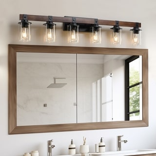 Farmhouse 6-Light Vanity Fixture, Rustic Wood & Black Metal, for ...