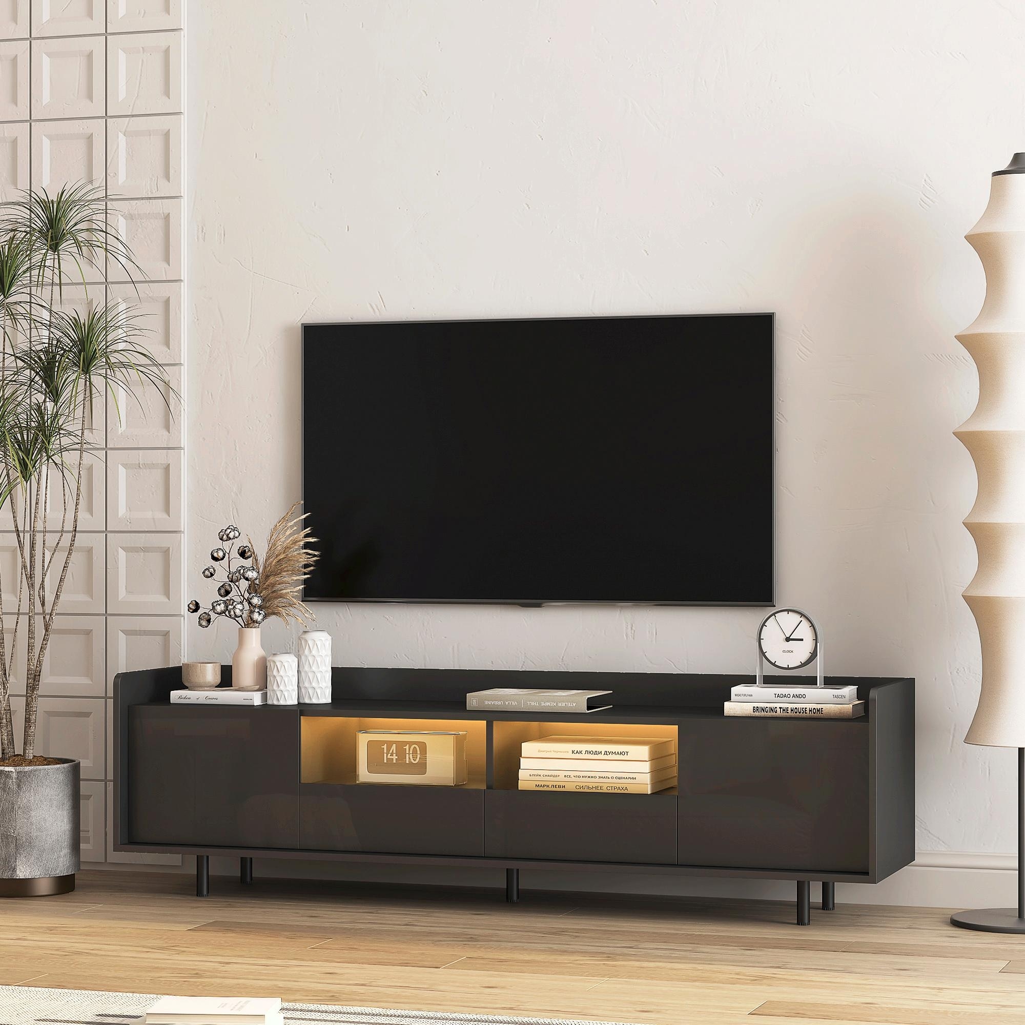 Modern Black TV Stand with 16 Colors LED Lights and Remote Control ...
