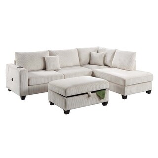 Roe 3pc Sectional Sofa Set with Chaise, Ottoman, 2 Pillows, Ivory - Bed ...