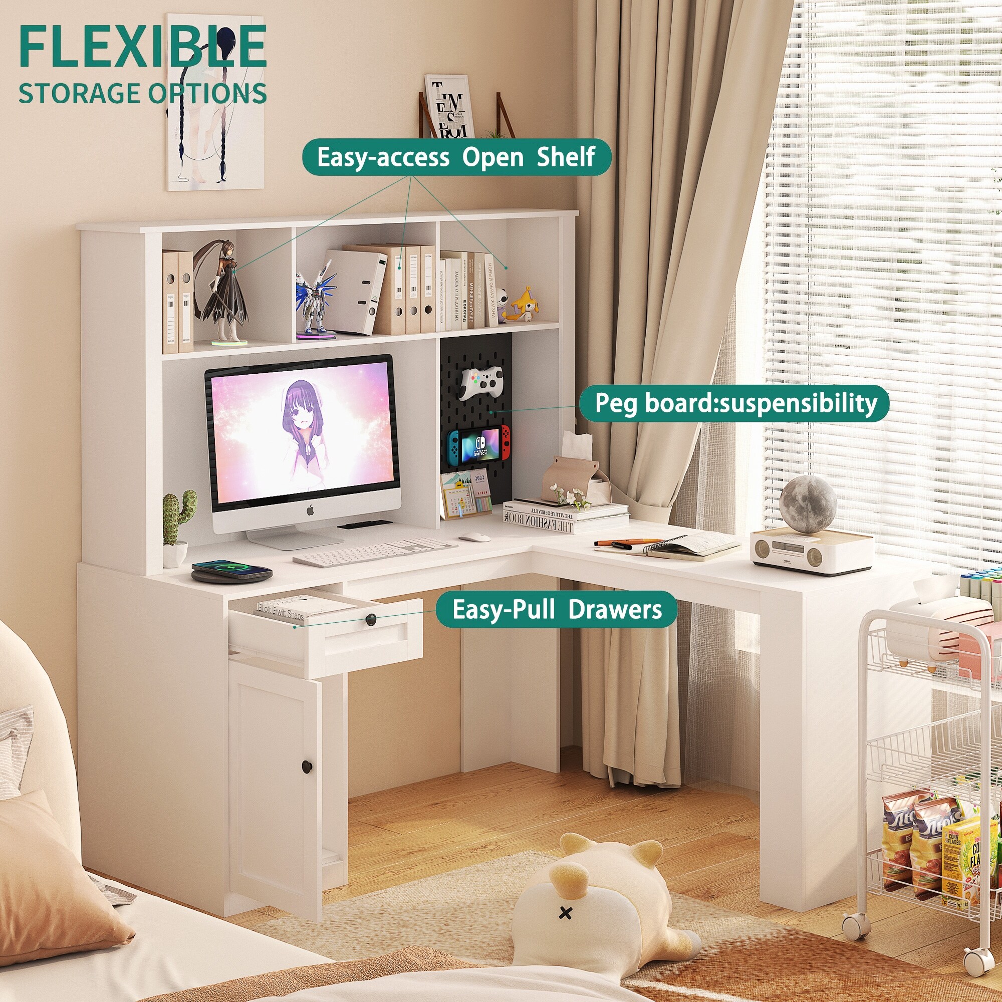 L Shaped Desk with Outlet Computer Desk Drawers Bookshelf Hutch Versatile Use White