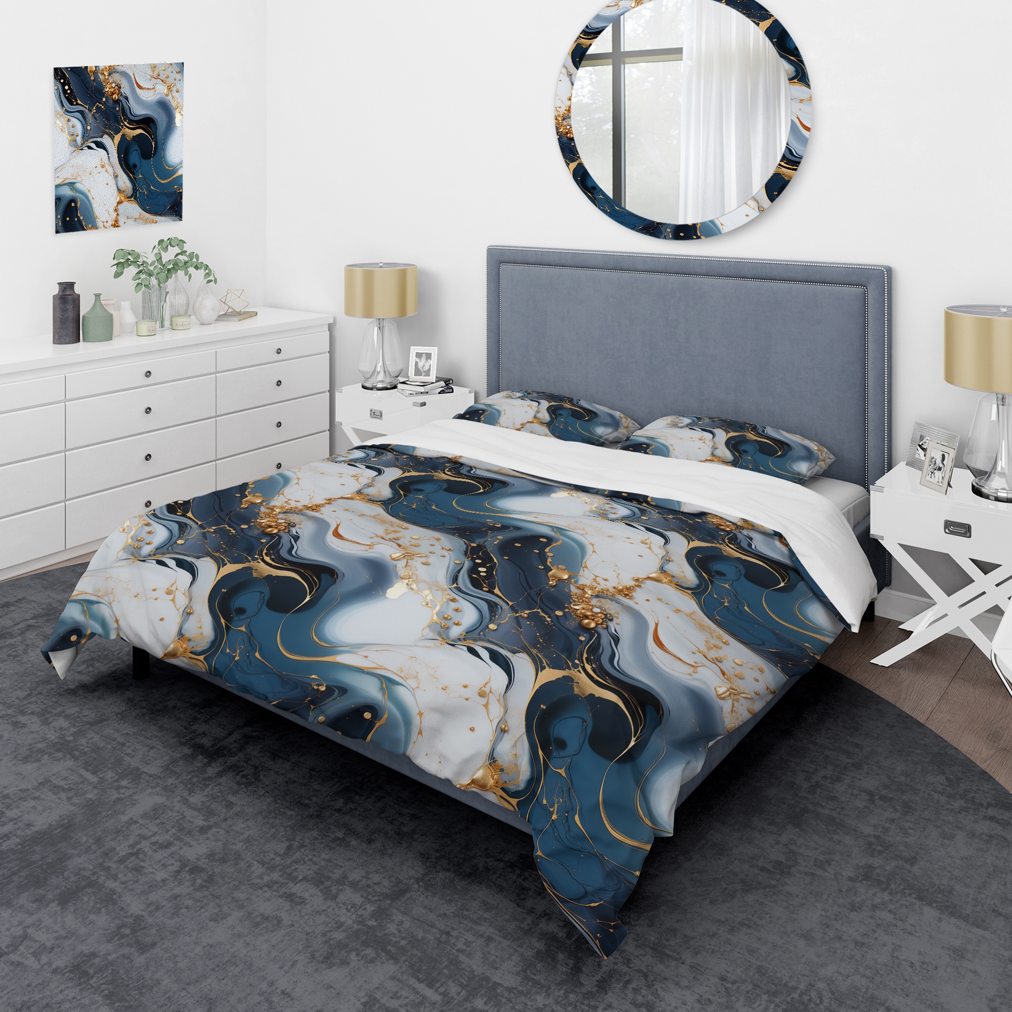 Design Art Gold Veins And Blue Marble Pattern II No Marble Duvet Cover Set Wayfair Bedding Sets