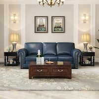 94" Wide Genuine Leather Sofa with Nailheads and Wood Feet - On Sale ...