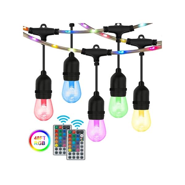 Defong 48 Foot Outdoor Dimmable RGB LED String Lights 15 Twinkle Bulbs ...