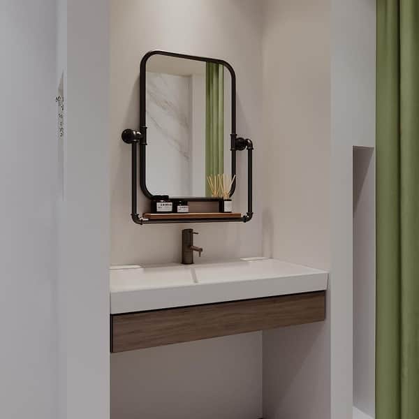 MacLuu Industrial Black Metal Pipe Hanging Wall Mirror with Shelf - Bed ...
