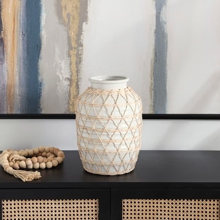 White Ceramic Handmade Vase with Woven Rattan Exterior - 11"W, 14"H ...
