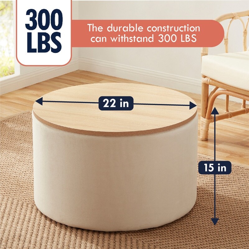 Parker Large Round Storage Coffee Table Ottoman with Wooden Lift Off Lid