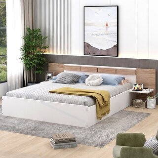 Modern Simple Queen Size Platform Bed with Shelves, USB Ports and ...