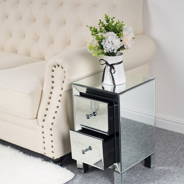 Bedroom Nightstand Mirror Two Drawer Bedside Table Silver 2 Drawer