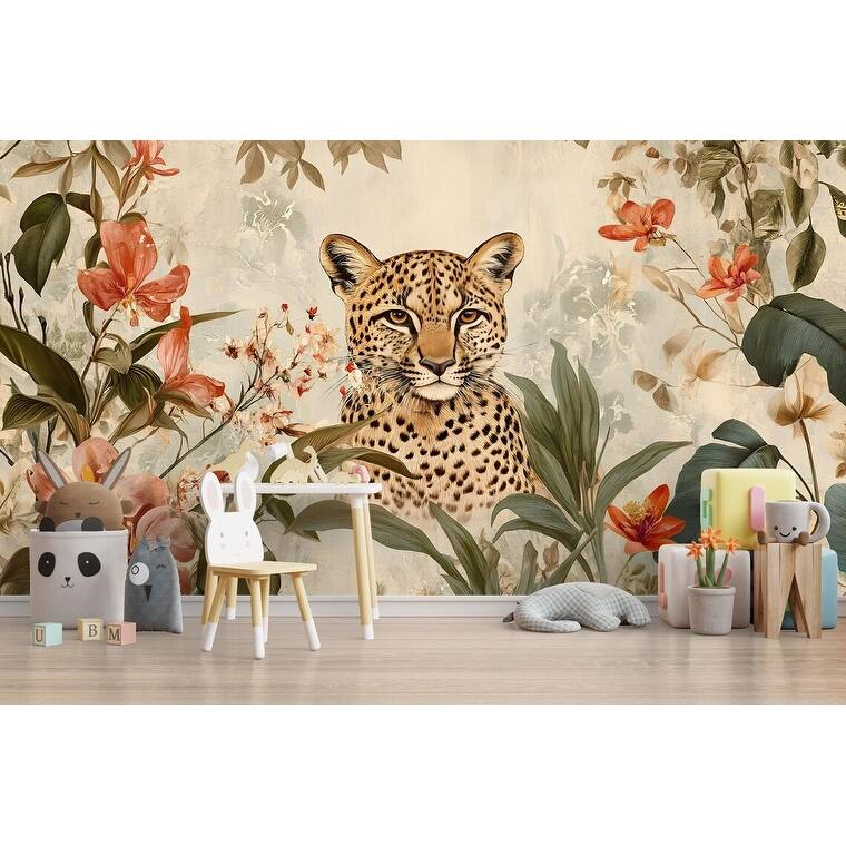 Leopard Floral Wallpaper / Watercolor Leopard Wall Mural - Overstock ...