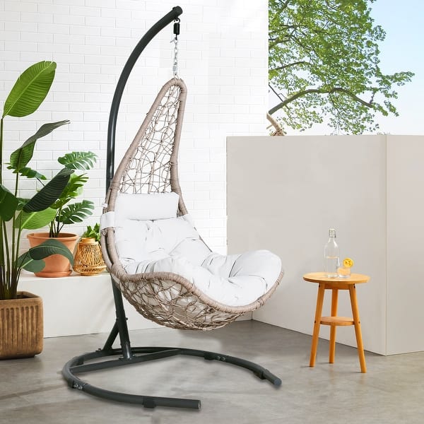 Outdoor Wicker Hanging Basket Chair Patio Hanging Chair with Stand ...