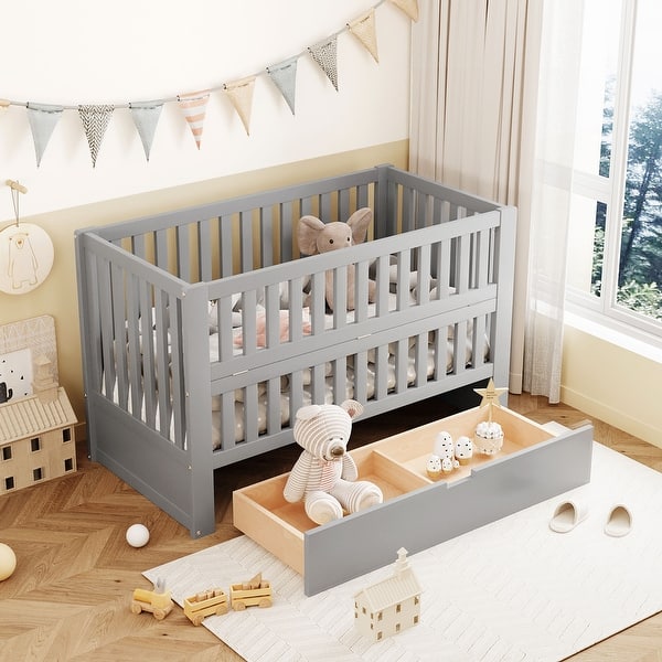 2-IN-1 Convertible Crib/Full Size Bed with Drawers and 3 Height Options ...