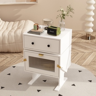 360° Swivel Bedside Table with Drawer and Transparent Glass Cabinet ...