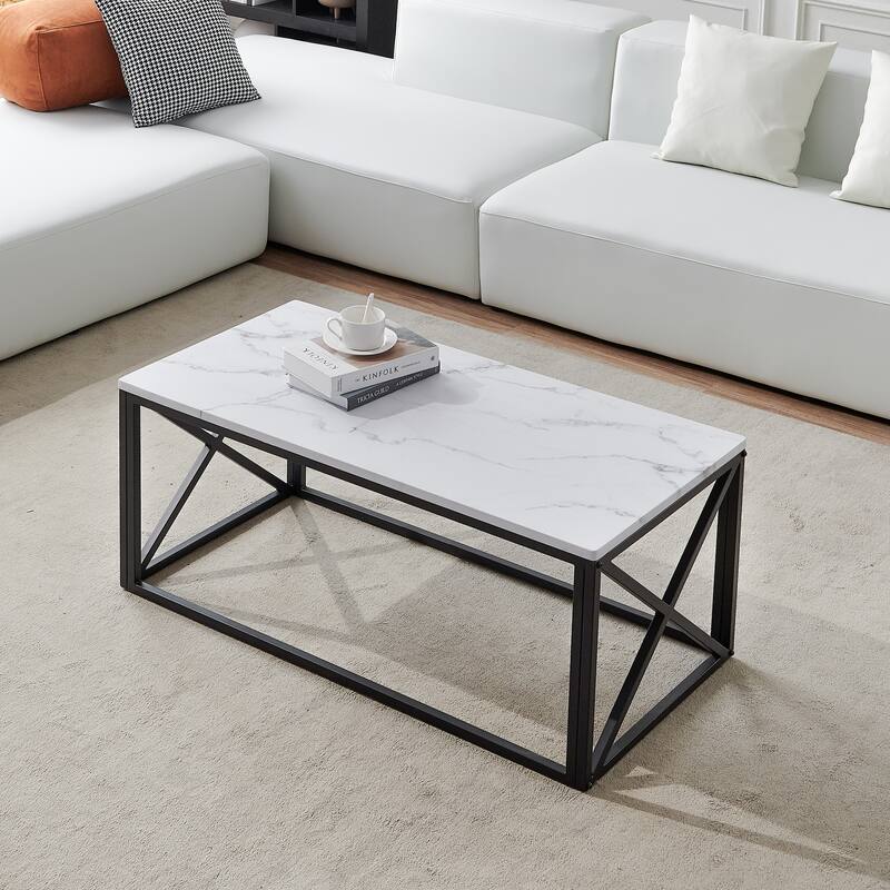 Modern Sturdy rectangle coffee table,Black metal frame with marble ...
