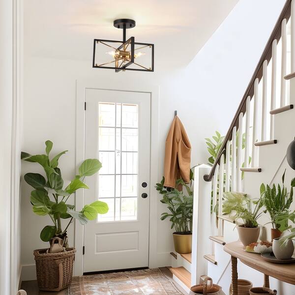 Leno Modern Black Gold 3-Light Geometric Semi-Flush Mount Rectangular ...