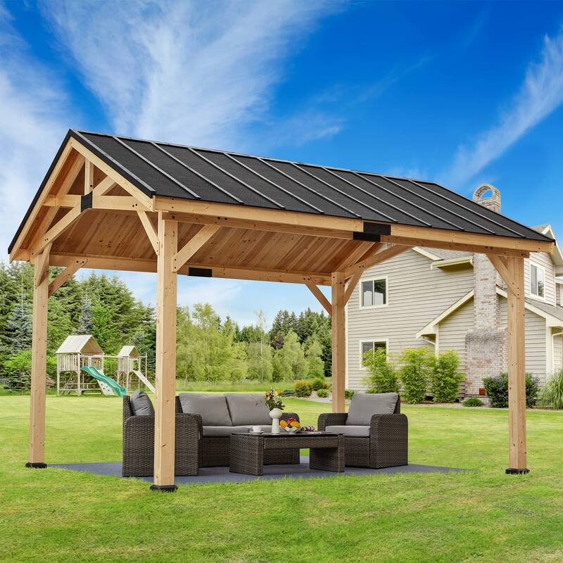 Hardtop Wood Gazebo for Patio, Outdoor Cedar/Spruce Pergola with Metal ...