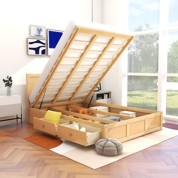 Full-Size Solid Pine Wood Platform Bed with Underneath Storage - Bed ...
