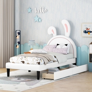 Upholstered Leather Platform Bed, Cute Bed Frame with Rabbit-Shape ...