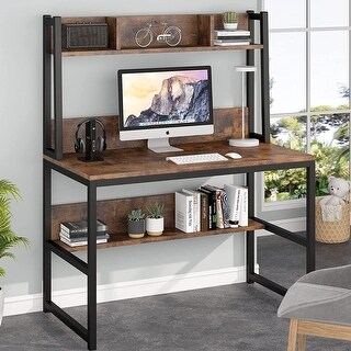 Computer Desk with Hutch, Modern Wood Medium Writing Desk with Storage ...
