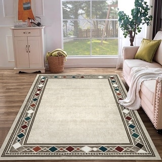 Modern Bordered Area Rug Washable Geometric Border Carpet - Bed Bath ...
