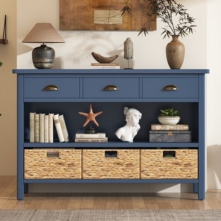 Navy Console Table Entryway Table with 3 Drawers, Open Storage Shelves ...