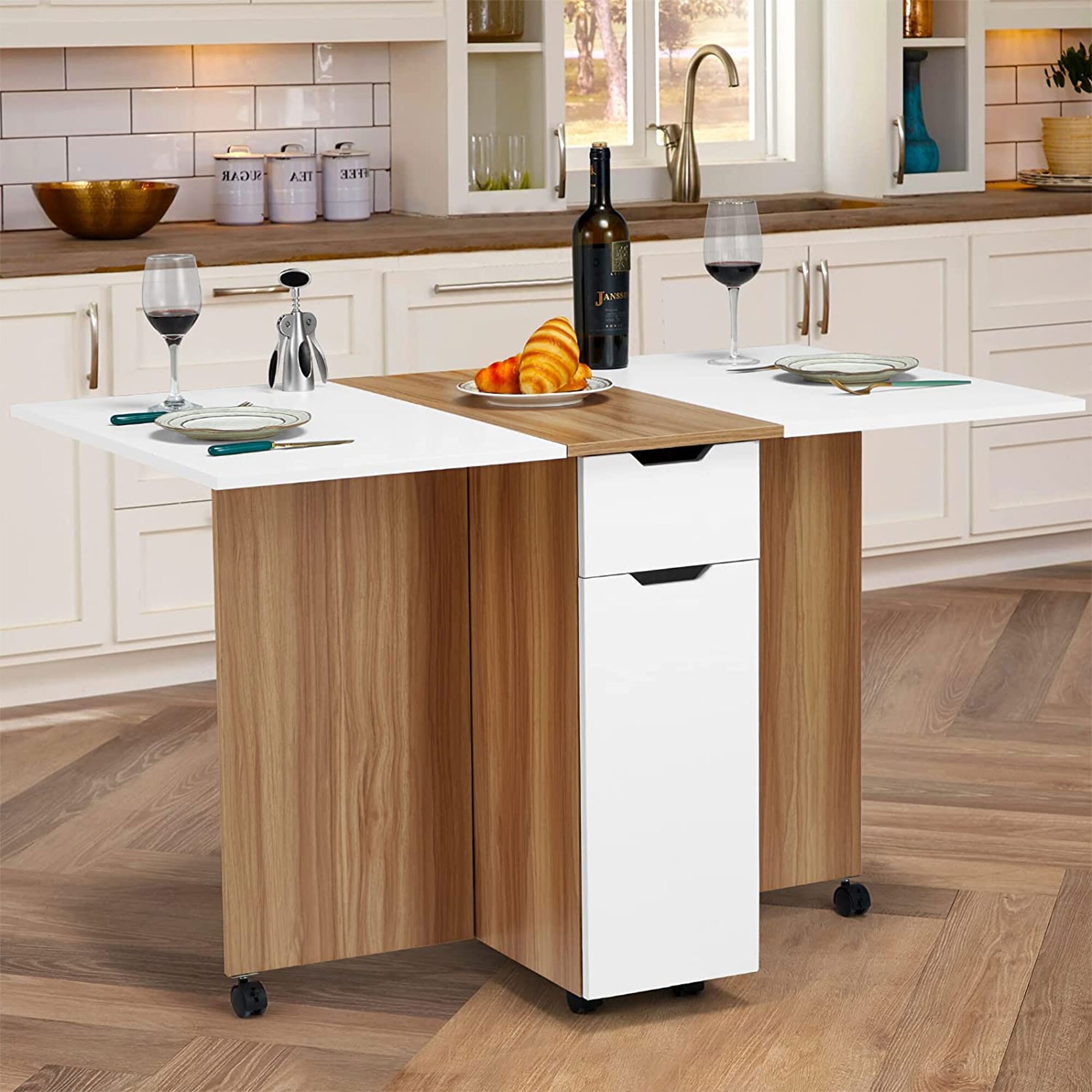JOMEED Folding Dining Kitchen Table with Drawer and 2 Layer Storage Shelf White 59.5 Bed Bath Beyond 36660672