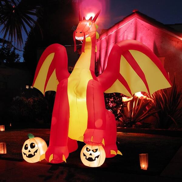 Gymax 10' Halloween Inflatable Fire Dragon Air-blown Decor w/ Wings ...