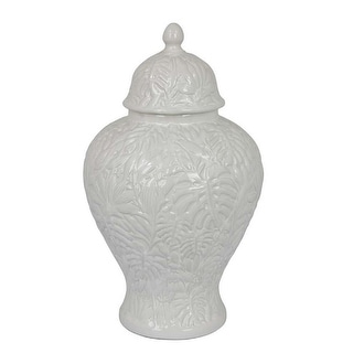Deni 13 Inch Temple Jar, Embossed Design, Removable Lid, White Finish ...