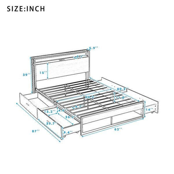 Metal Platform Bed Frame with 4 Drawers, Sockets & USB Ports, No Box ...