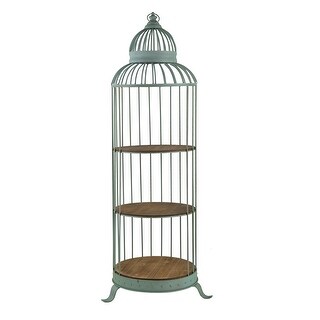 67 Inch 3 Tier Caged Iron Frame Display Shelf, Finial Top, Patina Blue ...